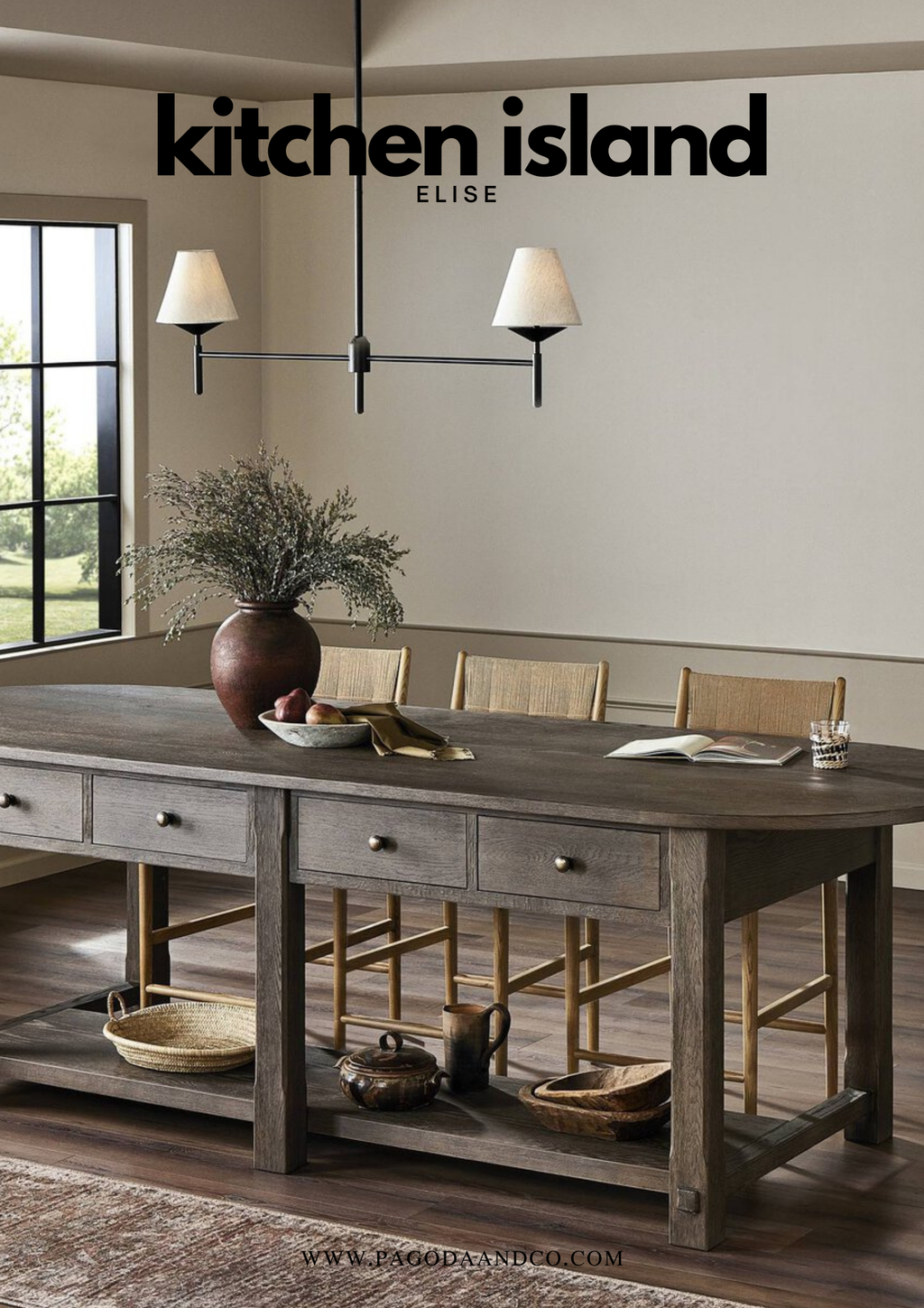 ELISE KITCHEN ISLAND WEATHERED HAZEL | 304.8x109.2x91.4 CM. – Pagoda & Co.